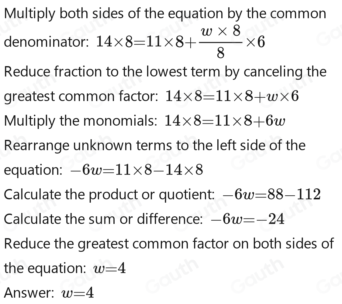 Solved: Which value of W makes 14=11+ w/8 · 6 a true statement? Choose 1 answer: w=1 w=4 w=16 w ...