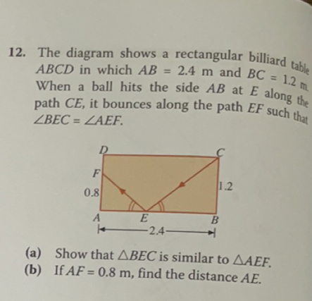 Solved: The diagram shows a rectangular billiard table BC = 1.2 m ABCD ...