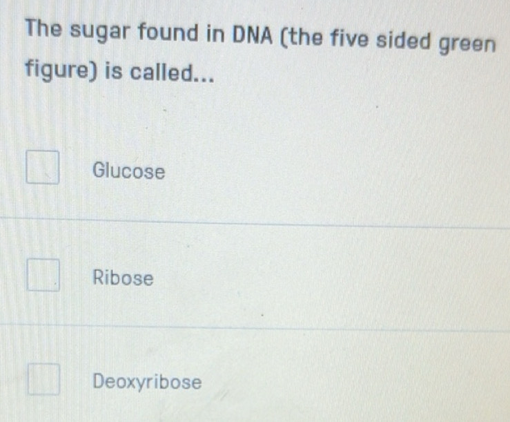 Solved: The sugar found in DNA (the five sided green figure) is called ...