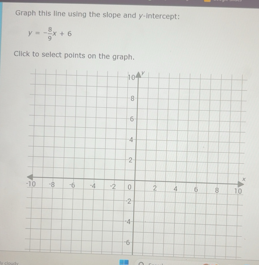 Solved: Graph this line using the slope and y-intercept: y=- 8/9 x+6 ...