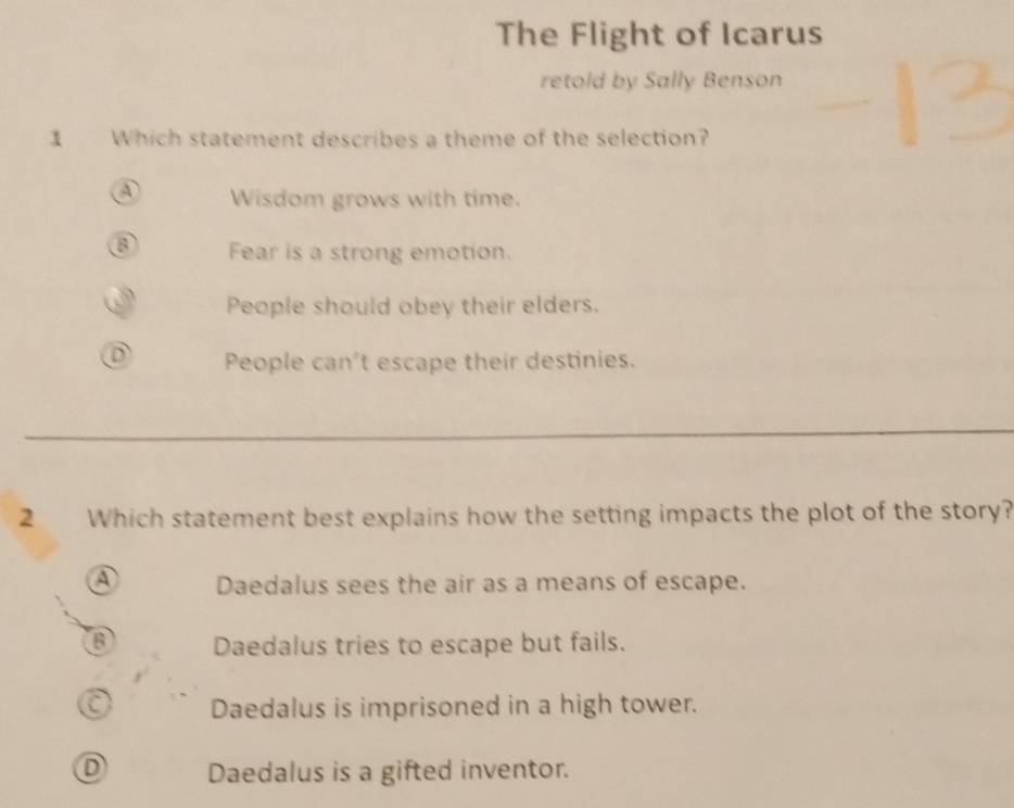 Solved: The Flight of Icarus retold by Sally Benson 1 Which statement ...