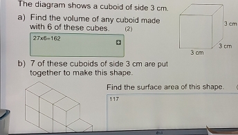 Solved: The diagram shows a cuboid of side 3 cm. a) Find the volume of any cuboid made3 cm with ...