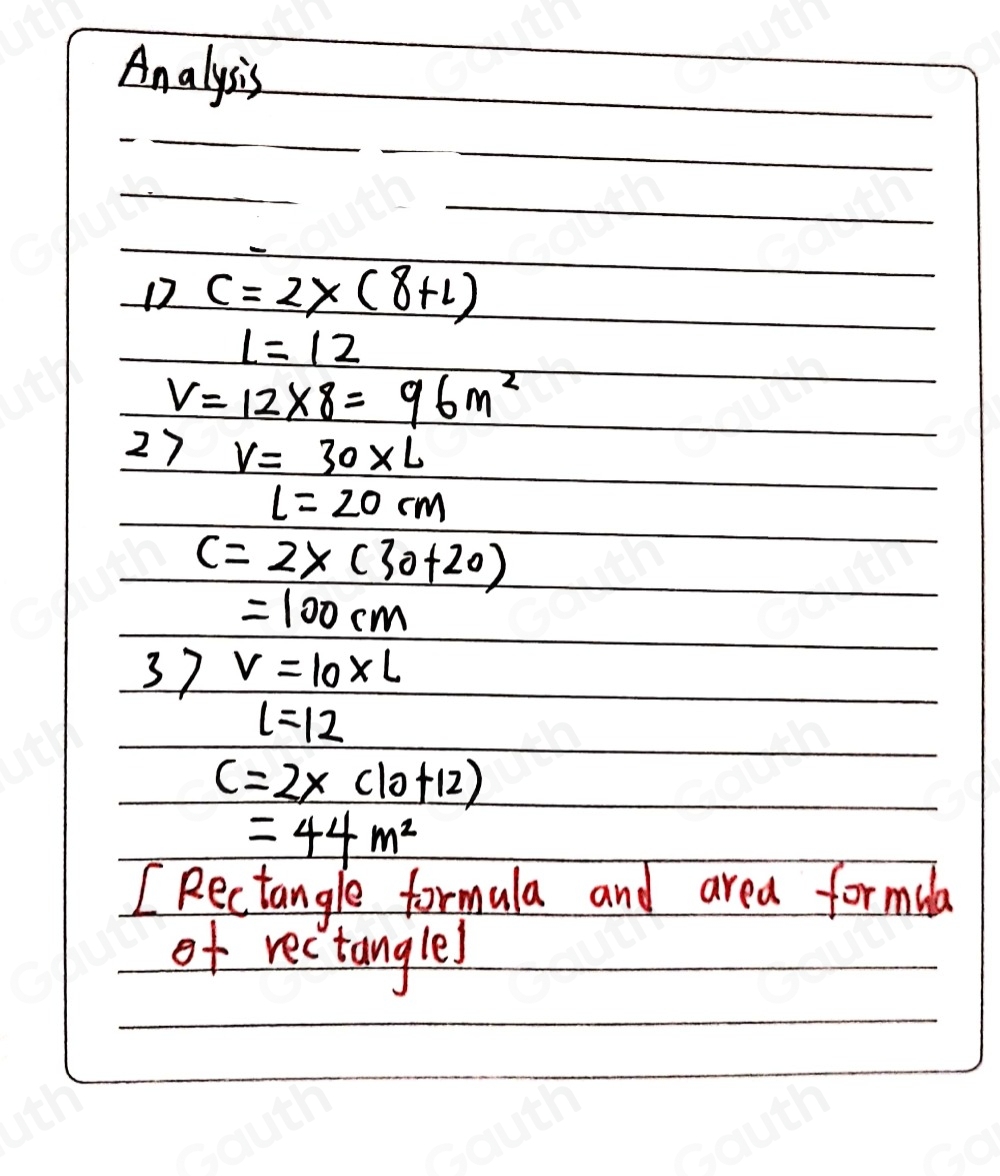 Solved: Find the area of a rectangle whose perimeter is 40m and breadth ...