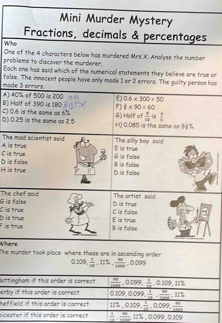 Solved: Mini Murder Mystery Fractions, decimals & percentages Who One ...