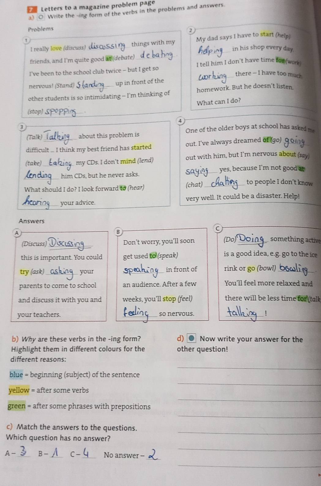 Gelöst:a Letters to a magazine problem pagé a) Write the -ing form of ...