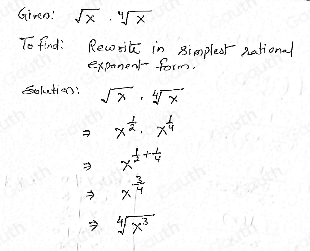 Solved: Rewrite in simplest rational exponent form sqrt(x)·^4sqrt(x ...