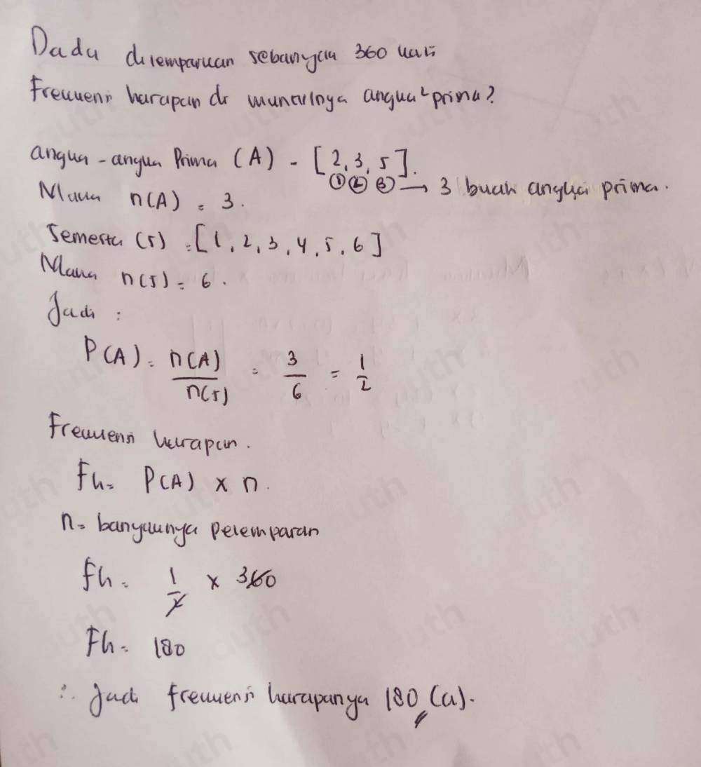 Telah dijawab:19.) Jika sebuah dadu dilemparkan 360 kali, frekuensi ...