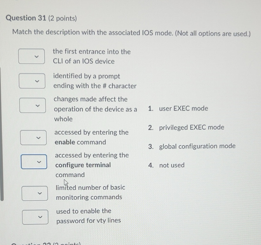 Solved: Match the description with the associated IOS mode. (Not all ...