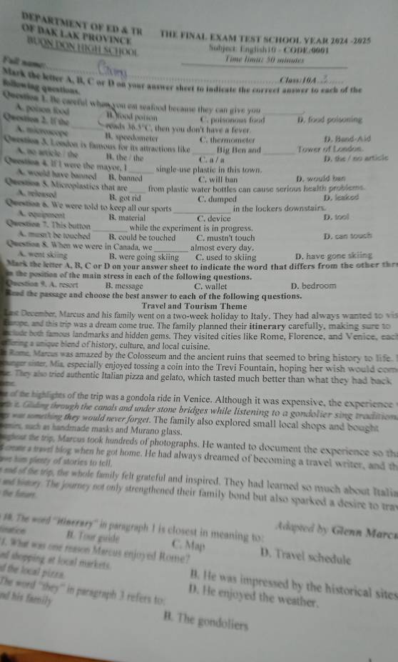 Giải quyết:DEPARTMENT OF ED & TR THE FINAL EXAM TEST SCHOOL YEAR 2024 ...