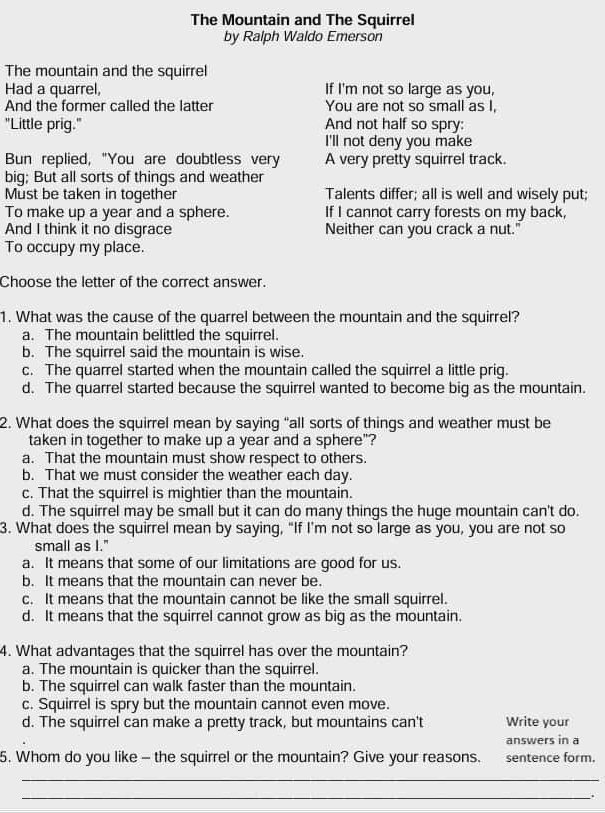 Solved: The Mountain and The Squirrel by Ralph Waldo Emerson The ...