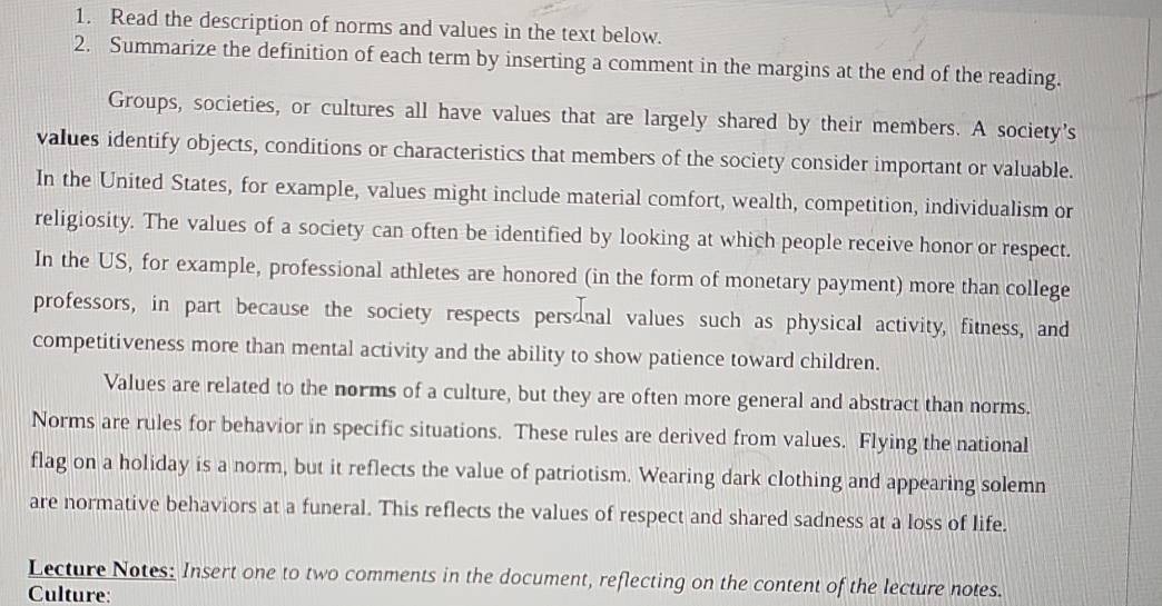 Solved: Read the description of norms and values in the text below. 2 ...