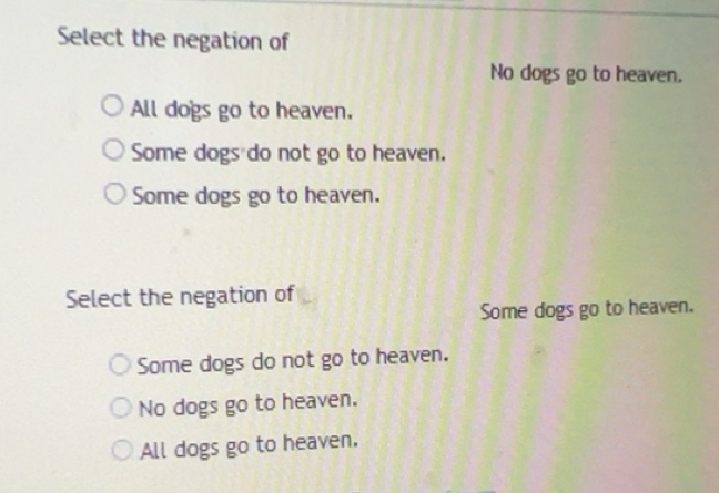 Solved: Select the negation of No dogs go to heaven. All dogs go to ...