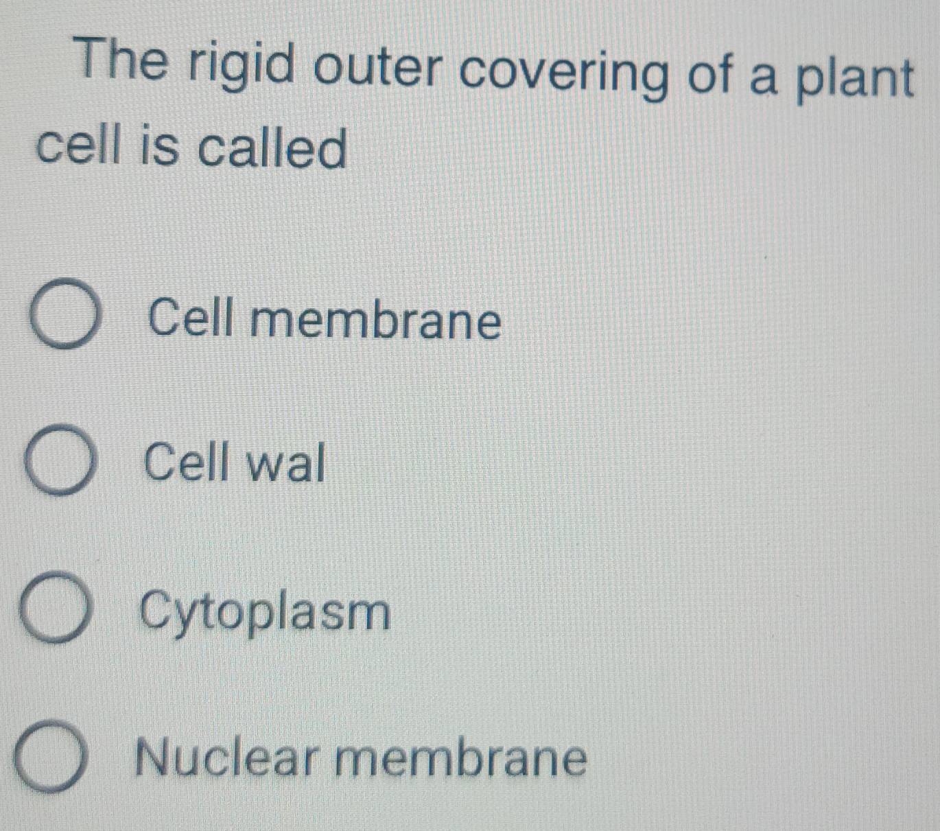 Solved: The rigid outer covering of a plant cell is called Cell ...