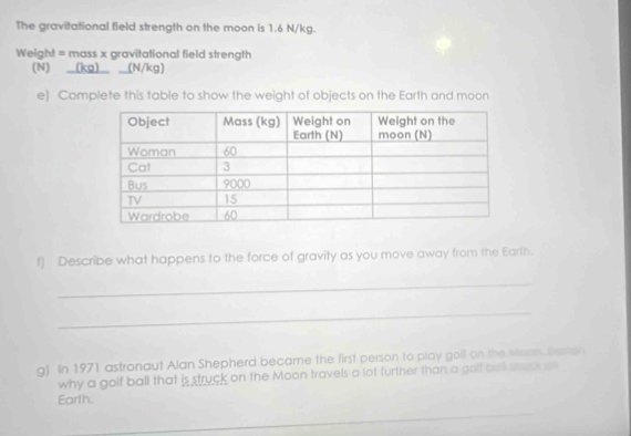 Solved: The gravitational field strength on the moon is 1.6 N/kg ...