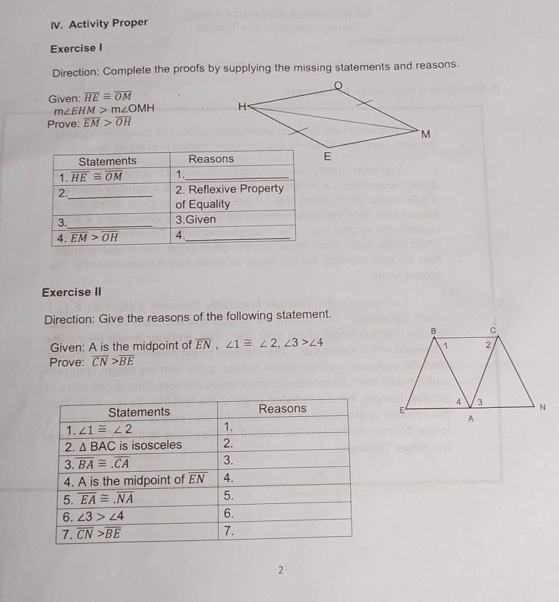 Solved: Activity Proper Exercise I Direction: Complete the proofs by ...