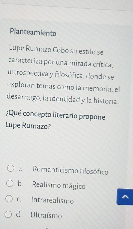 Resuelto:Planteamiento Lupe Rumazo Cobo su estilo se caracteriza por ...