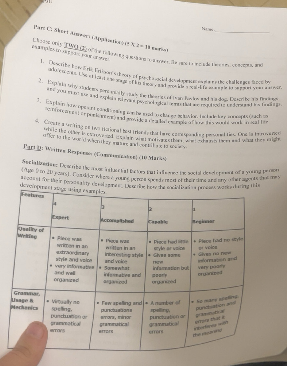 Gelöst:Name: Part C: Short Answer: (Application) (5* 2=10 marks ...