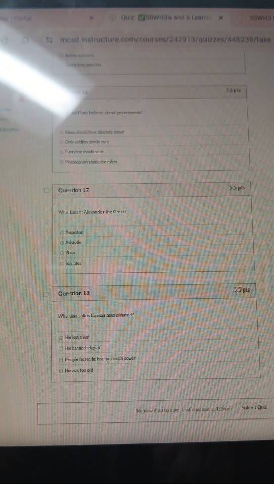 Solved: × Ouiz. SSWH3a and b Learn X SSWH3 =; mcsd.instructure.com/courses/242913/quizzes/448239 ...