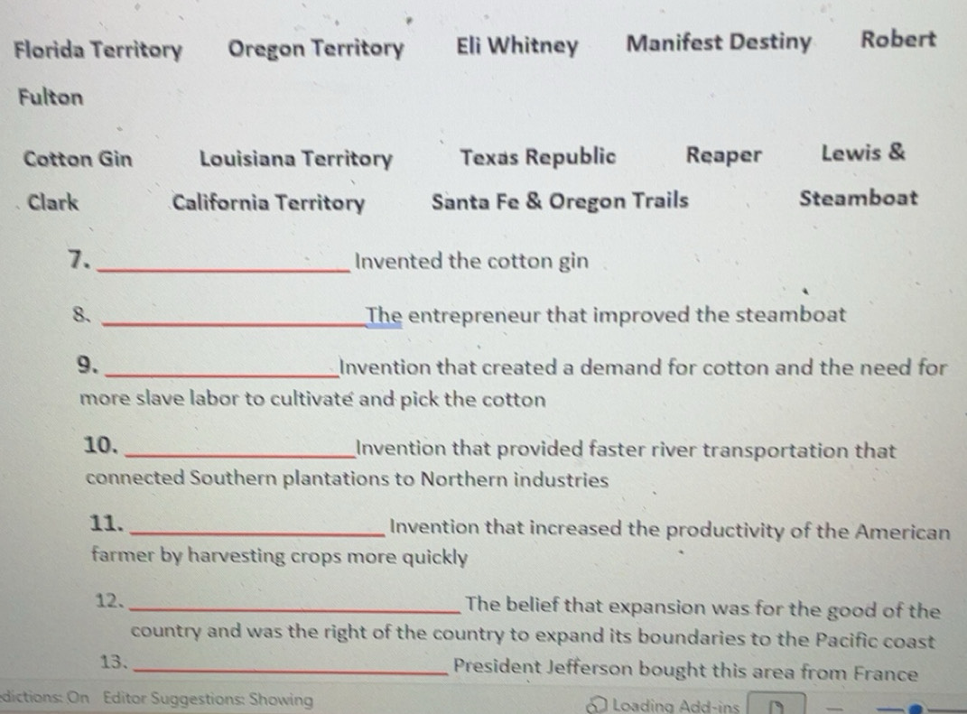 Solved: Florida Territory Oregon Territory Eli Whitney Manifest Destiny ...