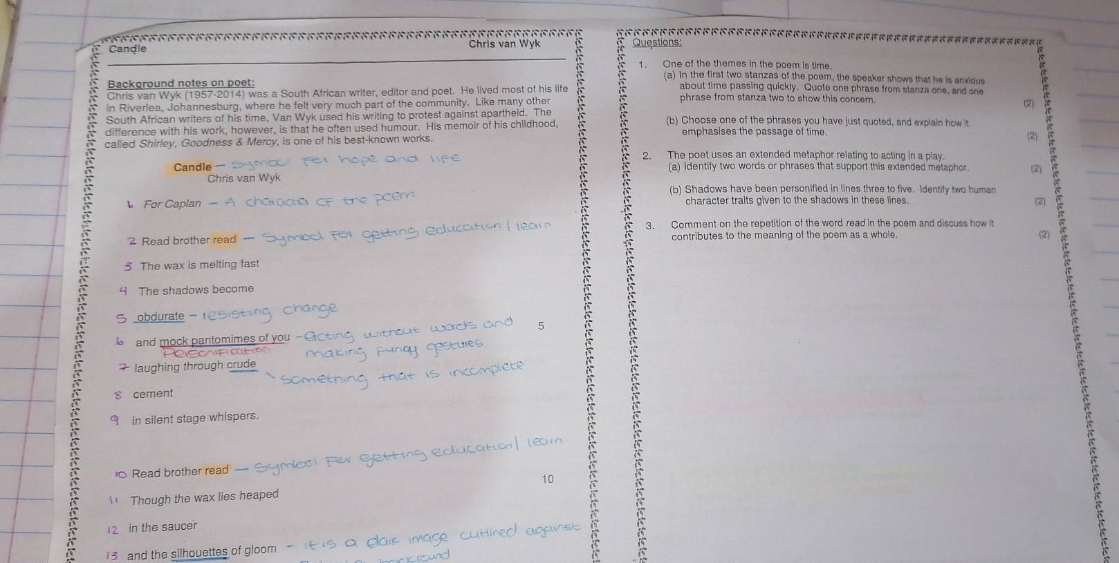 Solved: Candle Chris van Wyk Questions 1. One of the themes in the poem ...