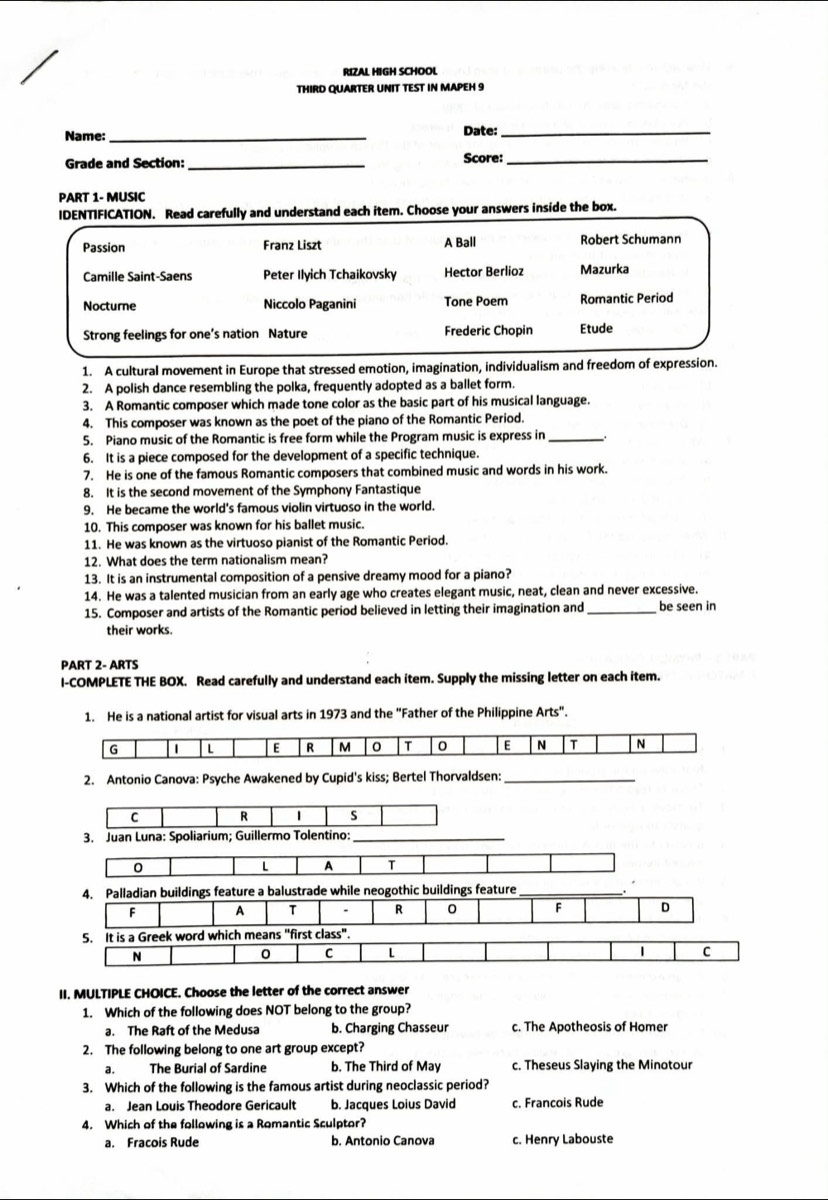 Solved: RIZAL HIGH SCHOOL THIRD QUARTER UNIT TEST IN MAPEH 9 Name ...