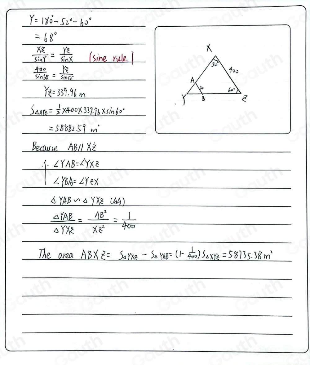 Solved: Triangle XYZ has base angles X=52° and Z=60° , distance XZ=400n n long. A line AB which ...