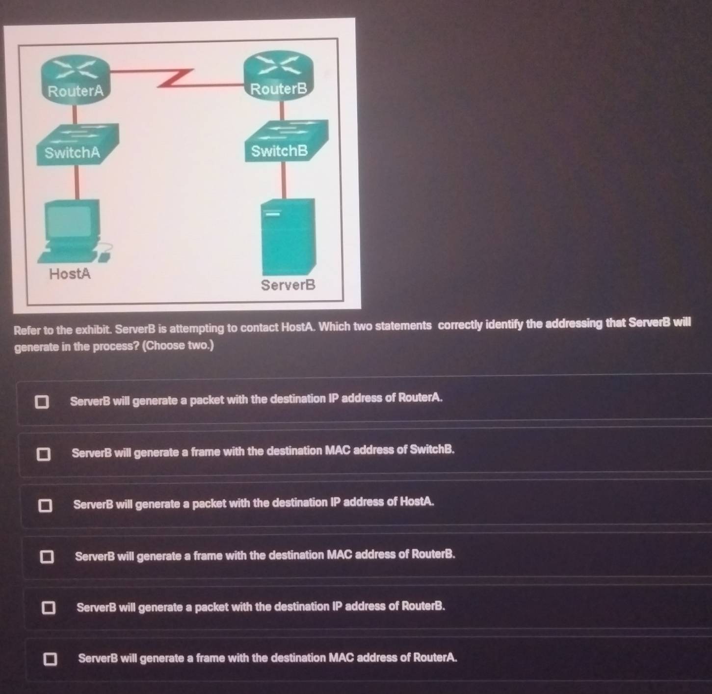 Solved: Refer to the exhibit. ServerB is attempting to contact HostA. Which two statements ...