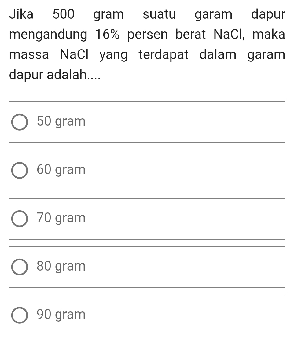 Telah dijawab:Jika 500 gram suatu garam dapur mengandung 16% persen ...