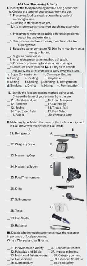 Solved: AFA Food Processing Activity L Identify the food processing ...