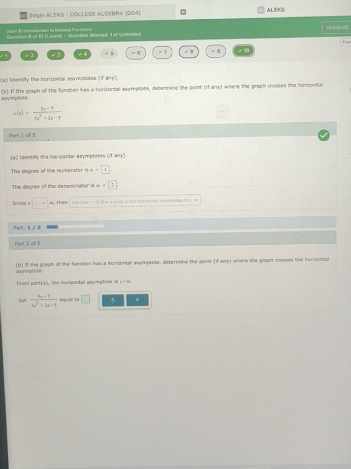 Solved: Begin ALEKS - COLLEGE ALGEBRA (D04) x ALEKS Learn 8.1 ...