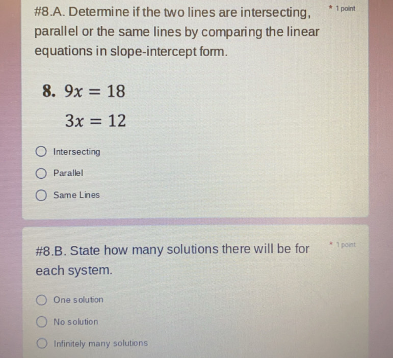 Solved: #8.A. Determine if the two lines are intersecting, 1 point ...