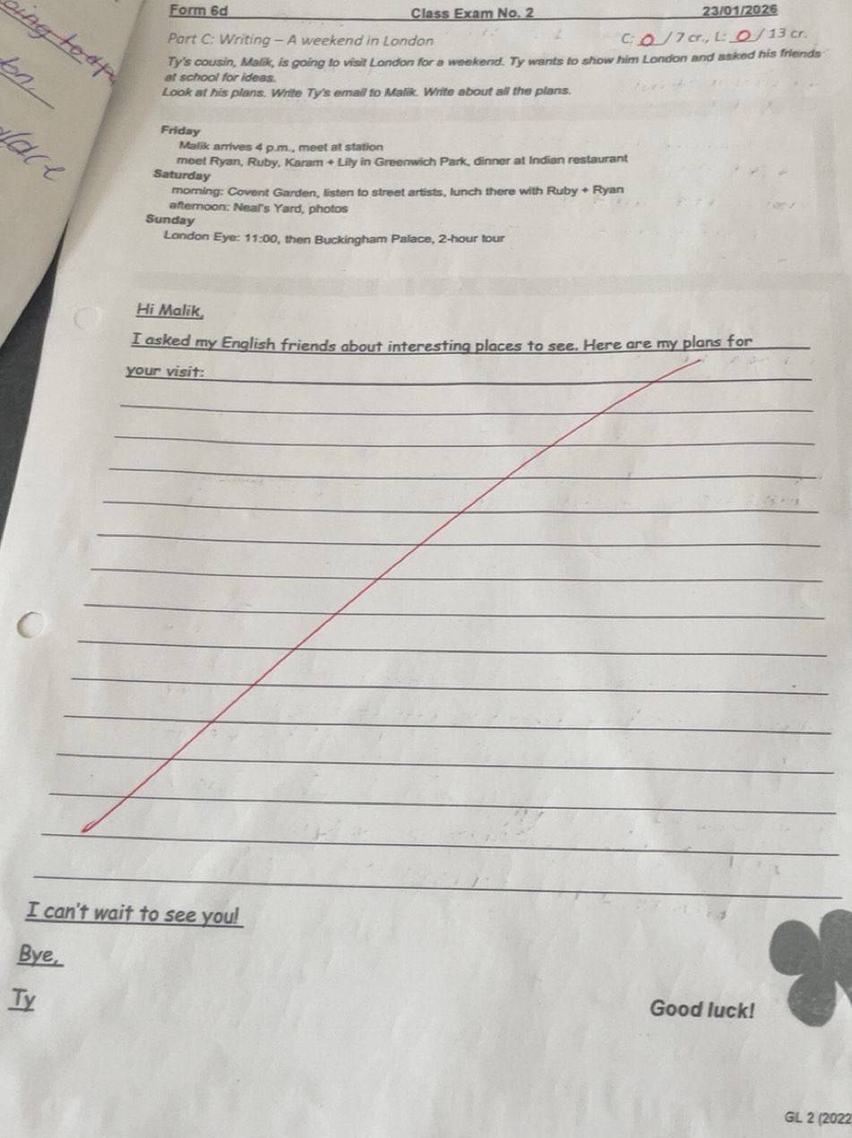 Gelöst:Form 6d Class Exam No. 2 23/01/2026 Part C: Writing - A weekend ...