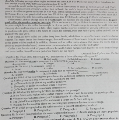 Giải quyết:Read the following passage about coffee and mark the letter ...