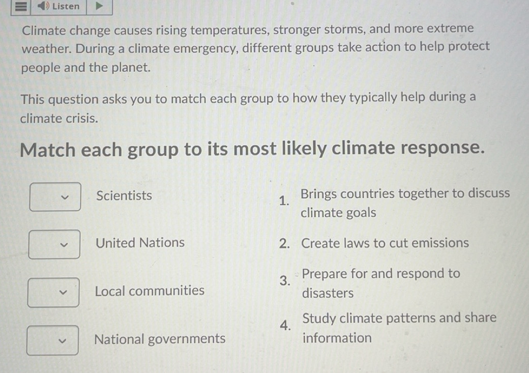 Solved: Listen Climate change causes rising temperatures, stronger ...