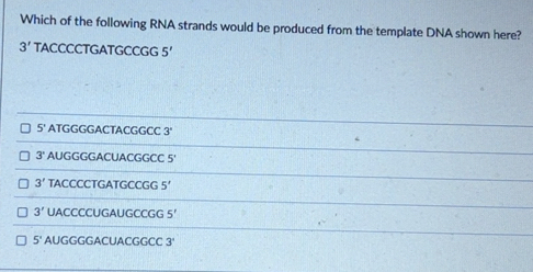 Solved: Which of the following RNA strands would be produced from the ...