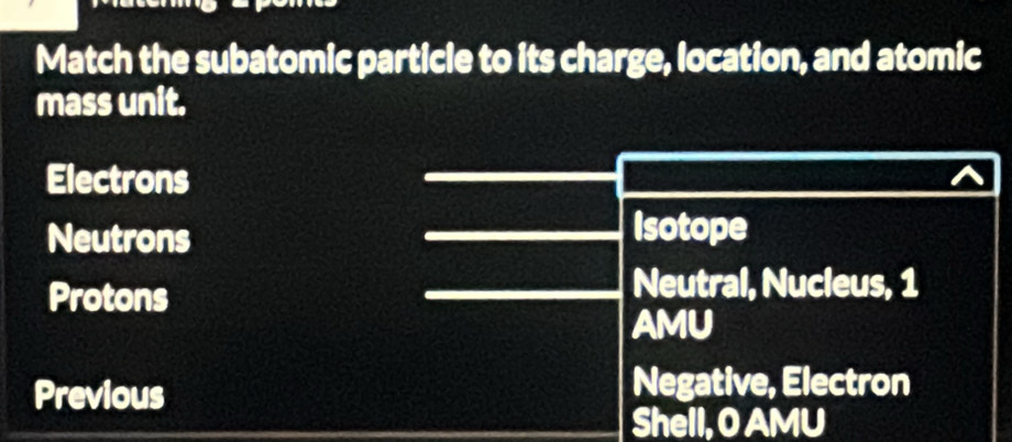 Solved: Match the subatomic particle to its charge, location, and ...