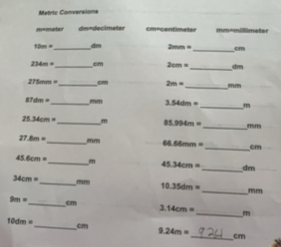 Solved: Metric Conversions m=meter dm= decimeter cm= centimeter mm ...