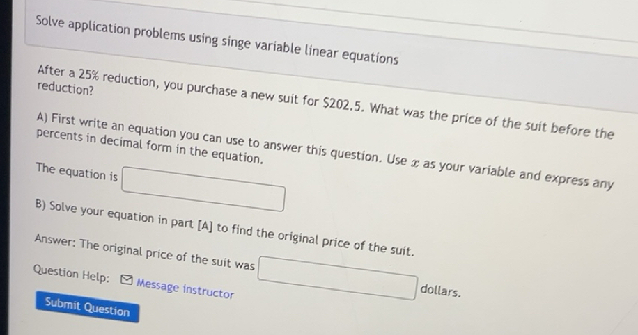 Solved: Solve application problems using singe variable linear ...