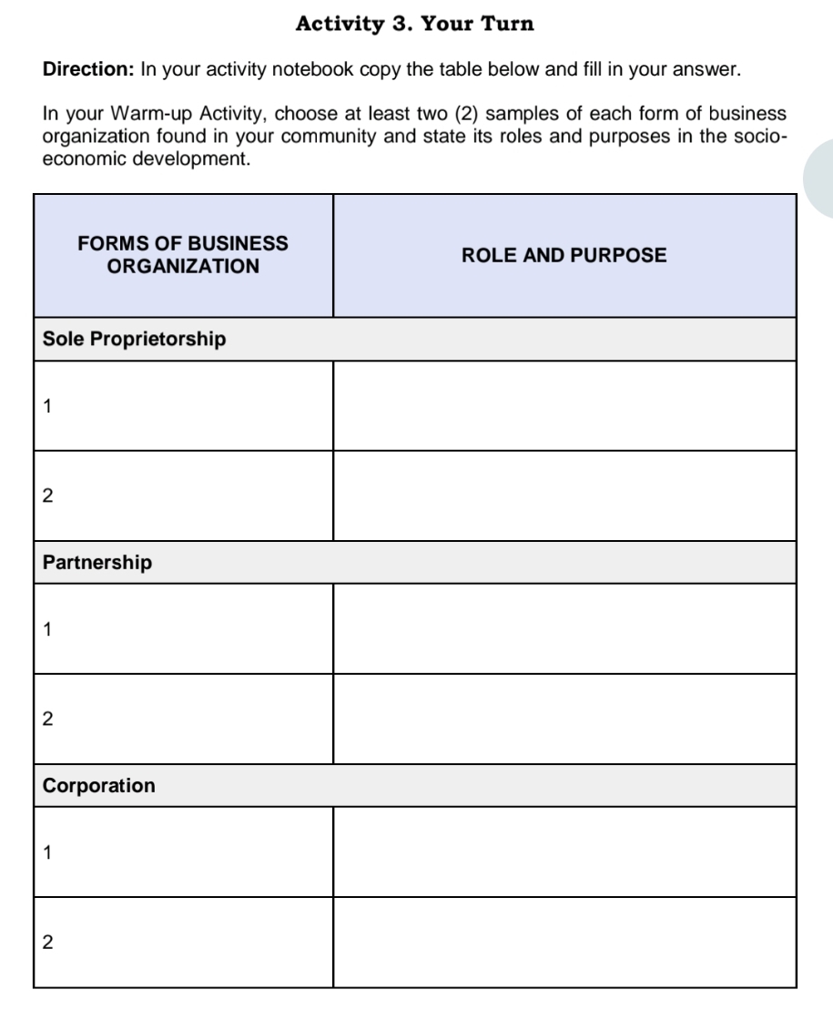 Solved: Activity 3. Your Turn Direction: In your activity notebook copy ...