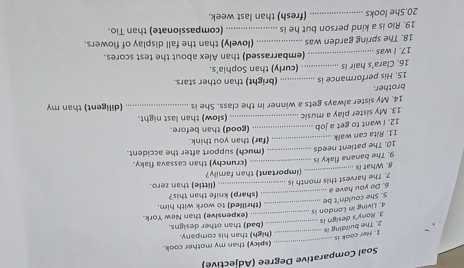 Telah dijawab:Soal Comparative Degree (Adjective) (spicy) than my ...