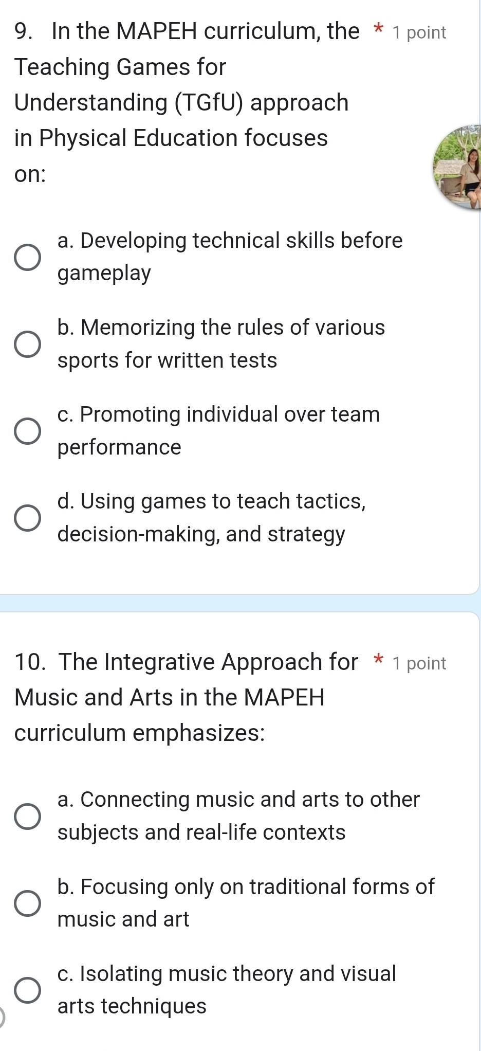 Nalutas:In the MAPEH curriculum, the * 1 point Teaching Games for ...