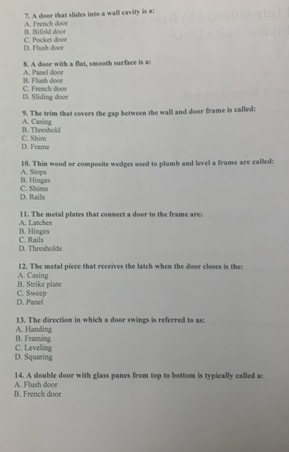 Solved: A door that slides into a wall cavity is a: A. French door B ...