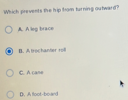 Solved: Which prevents the hip from turning outward? A. A leg brace B ...