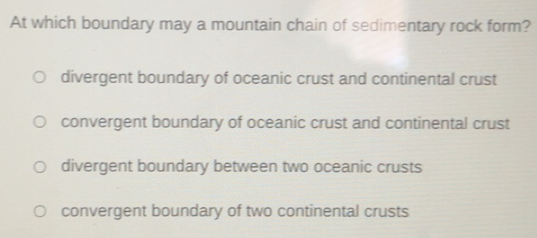 Solved: At which boundary may a mountain chain of sedimentary rock form ...