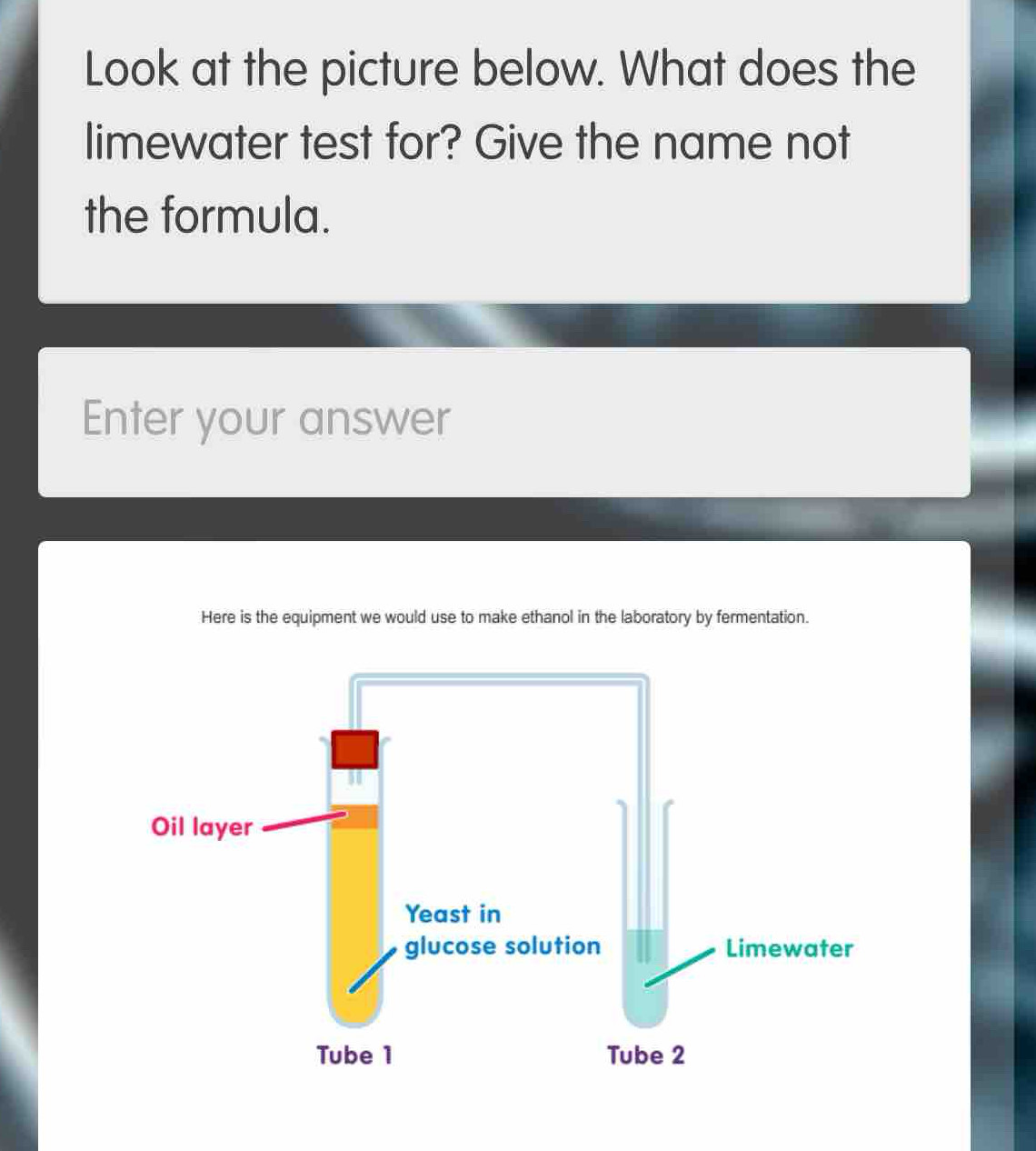 Solved: Look at the picture below. What does the limewater test for ...