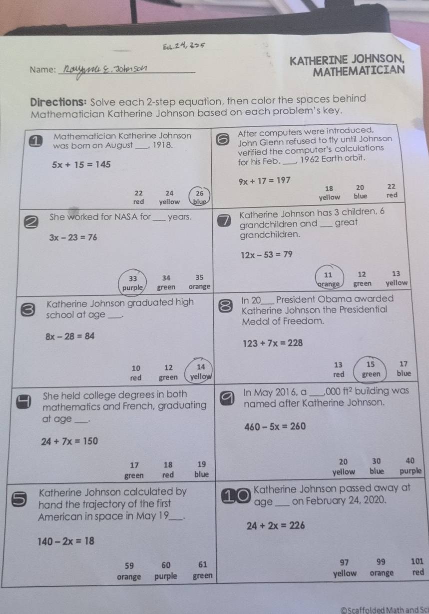 Solved: KATHERINE JOHNSON, Name:_ MATHEMATICIAN Directions: Solve each ...