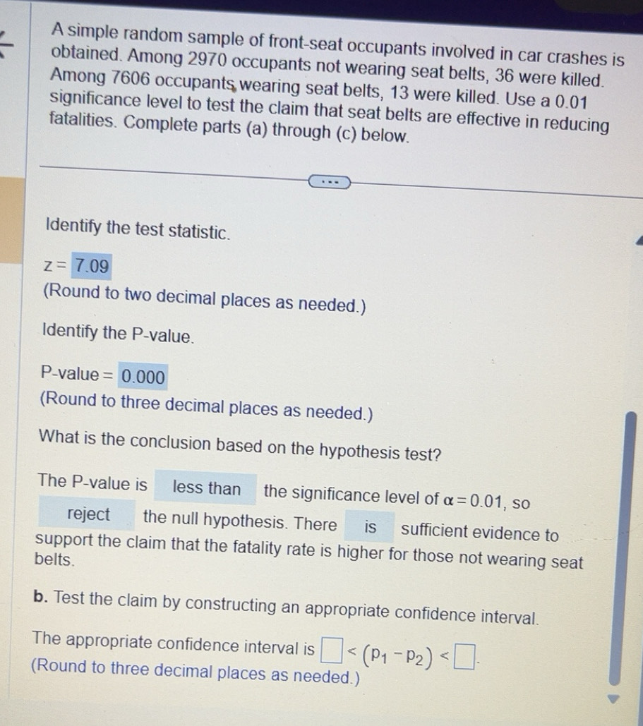 Solved: A simple random sample of front-seat occupants involved in car ...