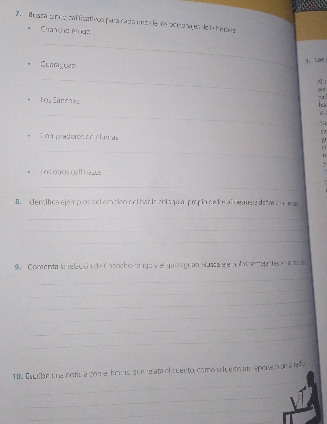 Resuelto:Busca cinco calificativos para cada uno de los personajes de ...