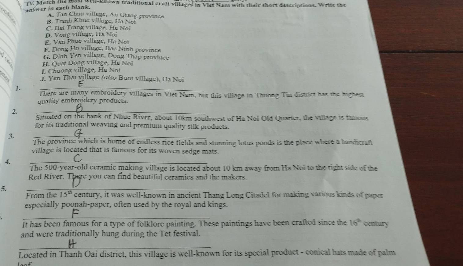 Giải quyết:JV Match the most Well-known traditional craft villages in ...