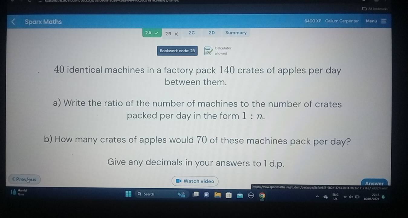 Solved: Alt Bookmarks Sparx Maths Menu 6400 XP Callum Carpenter 2A 2B ...